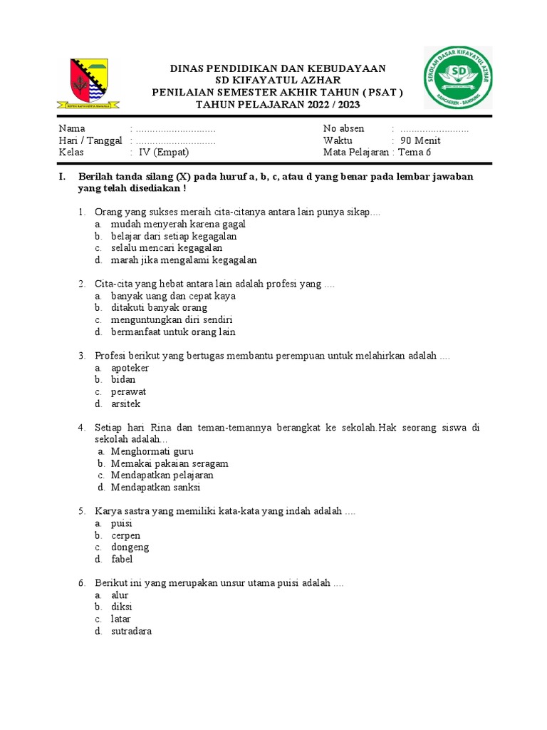 Soal Pat Kelas Iv Tema 6 | PDF | Seni
