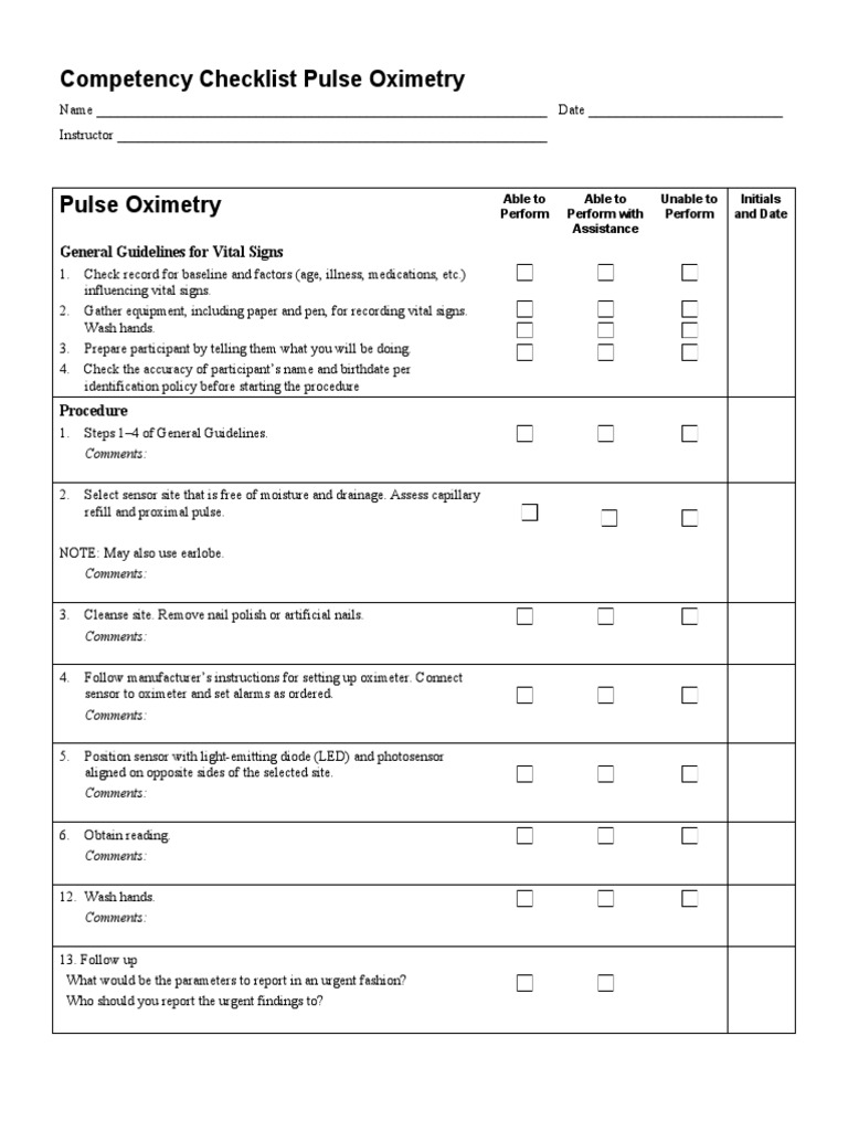 Competency Checklist For Pulse Oximetry | PDF