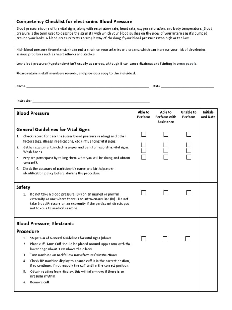 V3 Competency Checklist For Electronic Blood Pressure Pulse Oximetry ...
