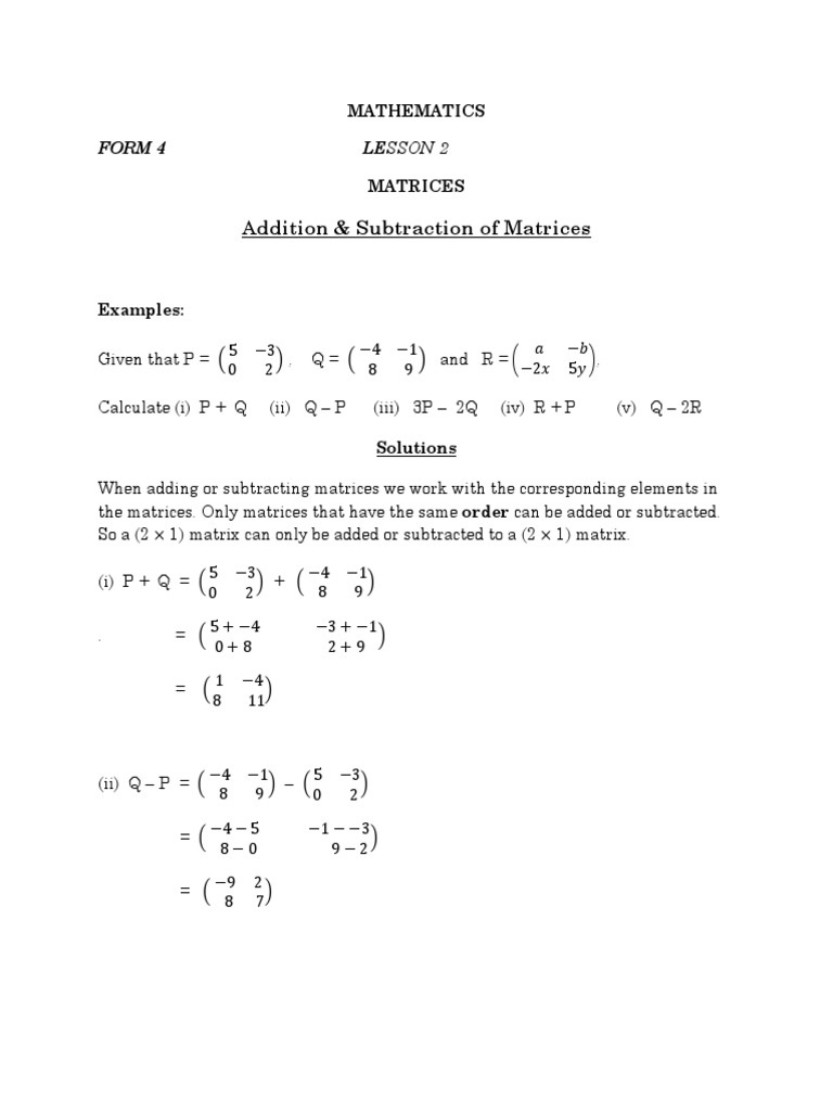 Addition and Subtraction of Matrices | PDF | Matrix (Mathematics ...