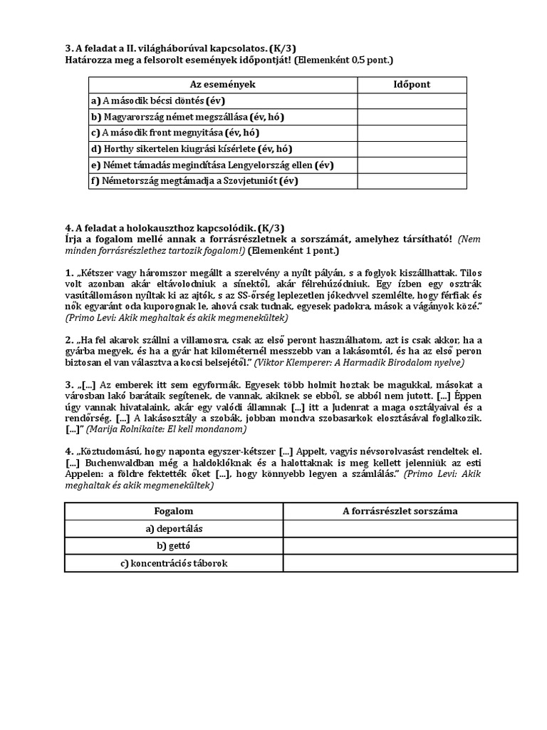 2. világháború Magyarország feladatok | PDF