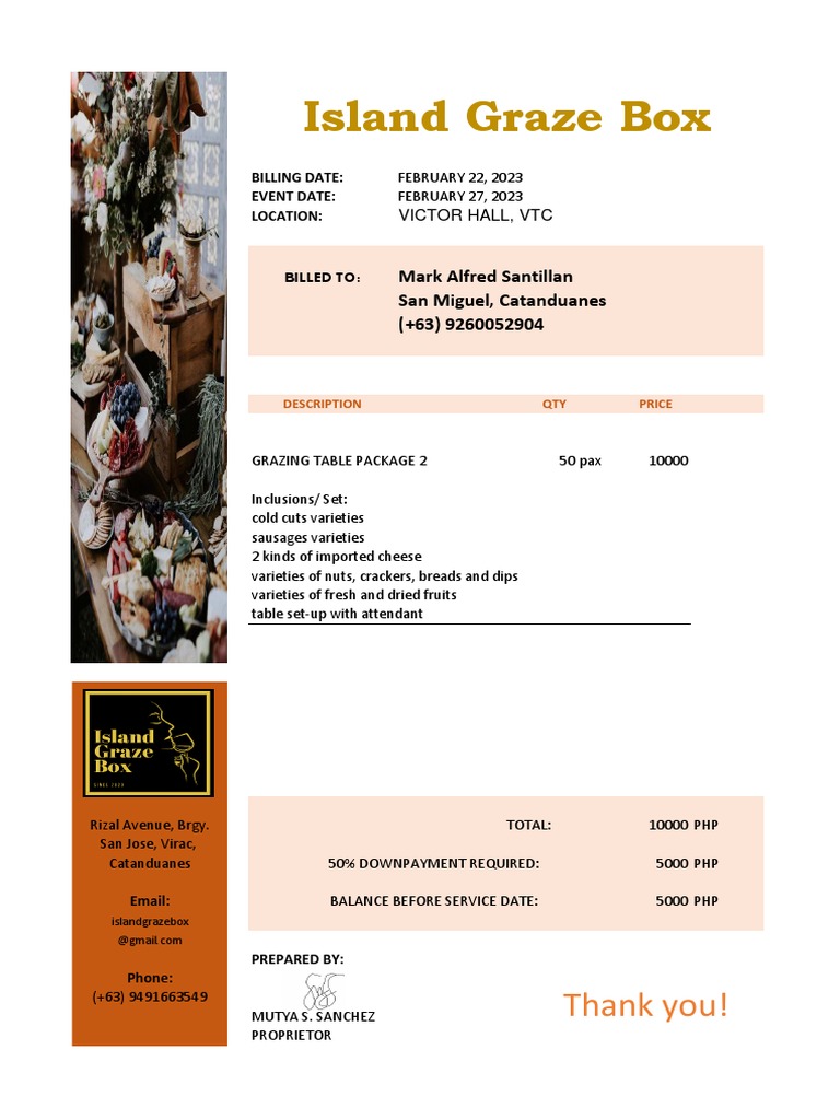 INVOICE FOR GRAZING TABLE For Mark Alfred Santillan | PDF