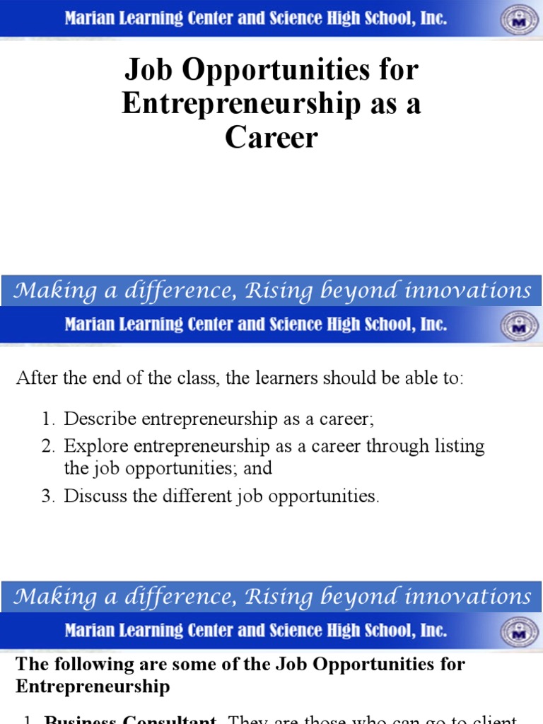 Job Opportunities For Entrepreneurship As A Career | PDF ...