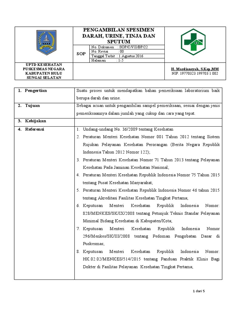 18 SOP Pengambilan Spesimen Darah, Urine, Tinja Dan Sputum | PDF