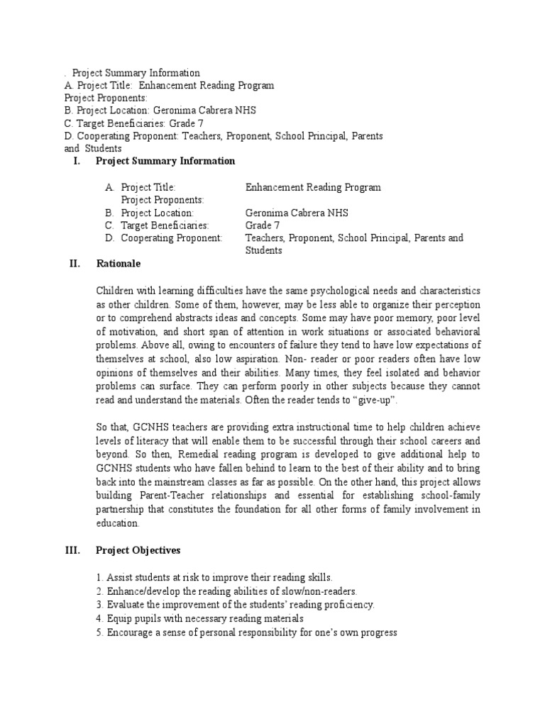Sample Project Proposal | PDF | Reading Comprehension | Teachers