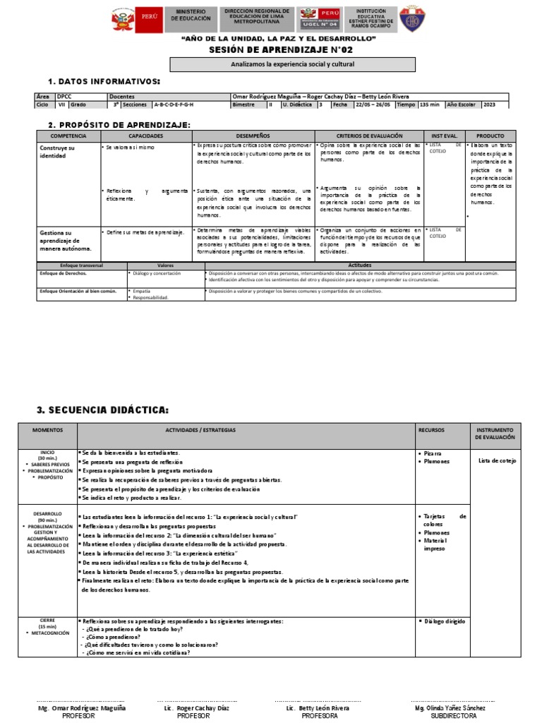 SESIÓN DE APRENDIZAJE #02 - DPCC. 3° Año | PDF | Aprendizaje | Evaluación
