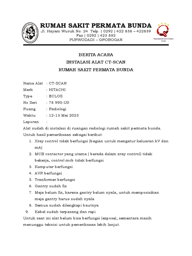 Laporan Instalasi CT Scan RS Permata Bunda | PDF