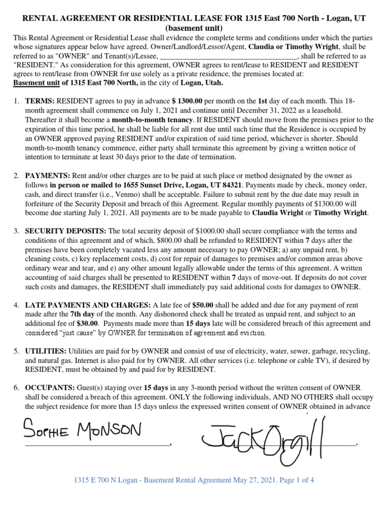 Lease Agreement 1315 E 700 N 2021 Basement | PDF | Law