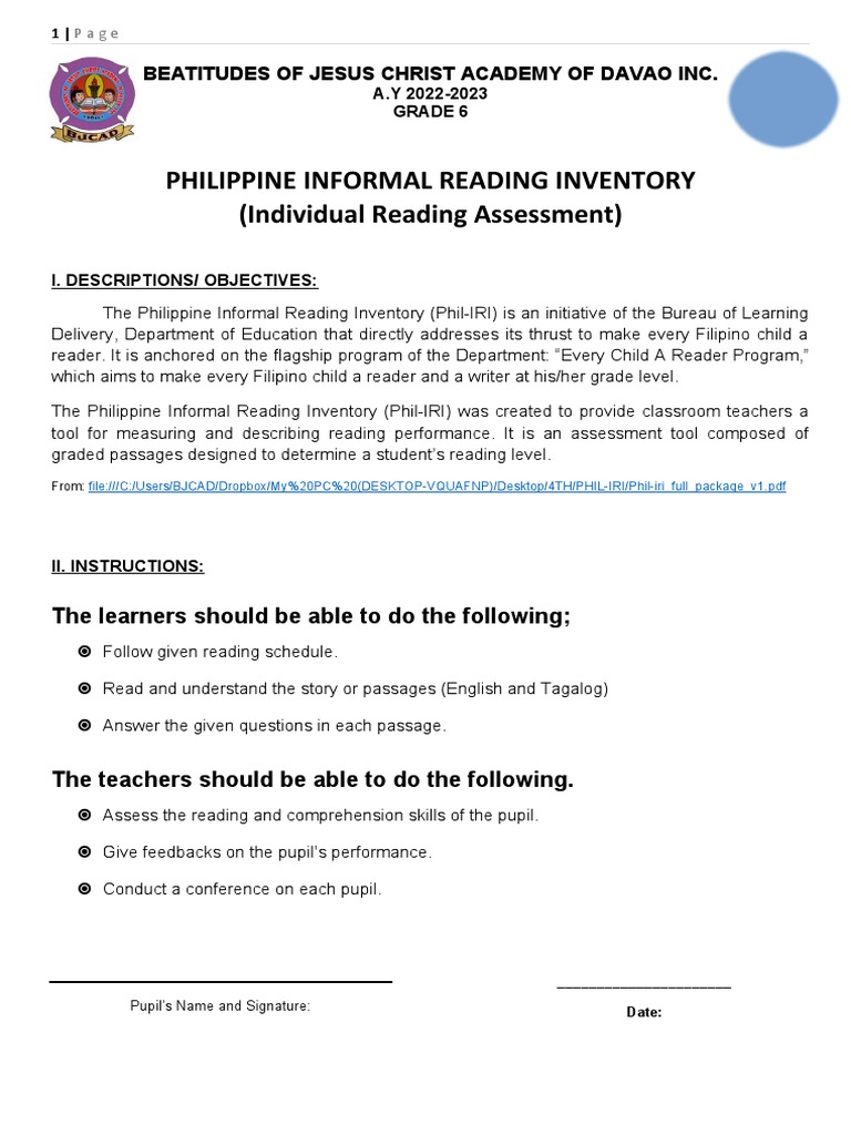 Grade 6 Phil-IRI Reading Assessment | PDF