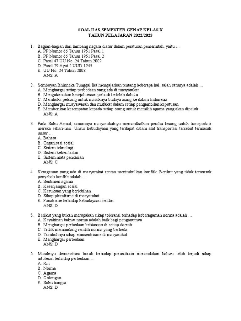 SOAL UAS KELAS X PPKN Genap 2022-2023 | PDF