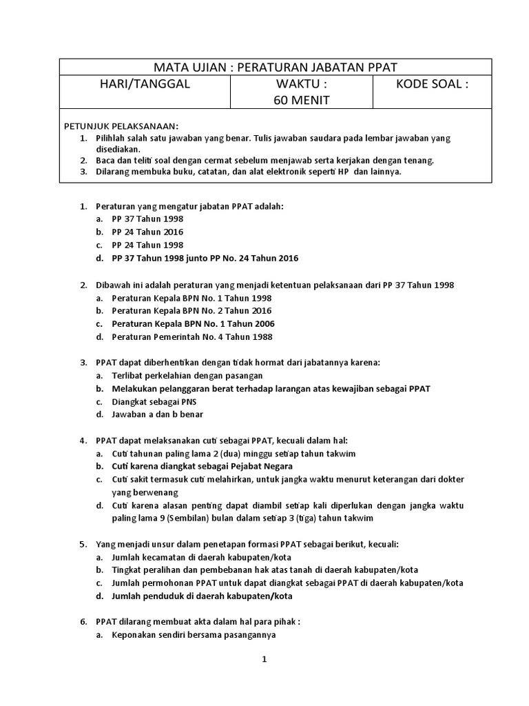 Ujian Peraturan Jabatan PPAT | PDF | Pengelolaan Keuangan & Uang | Politik