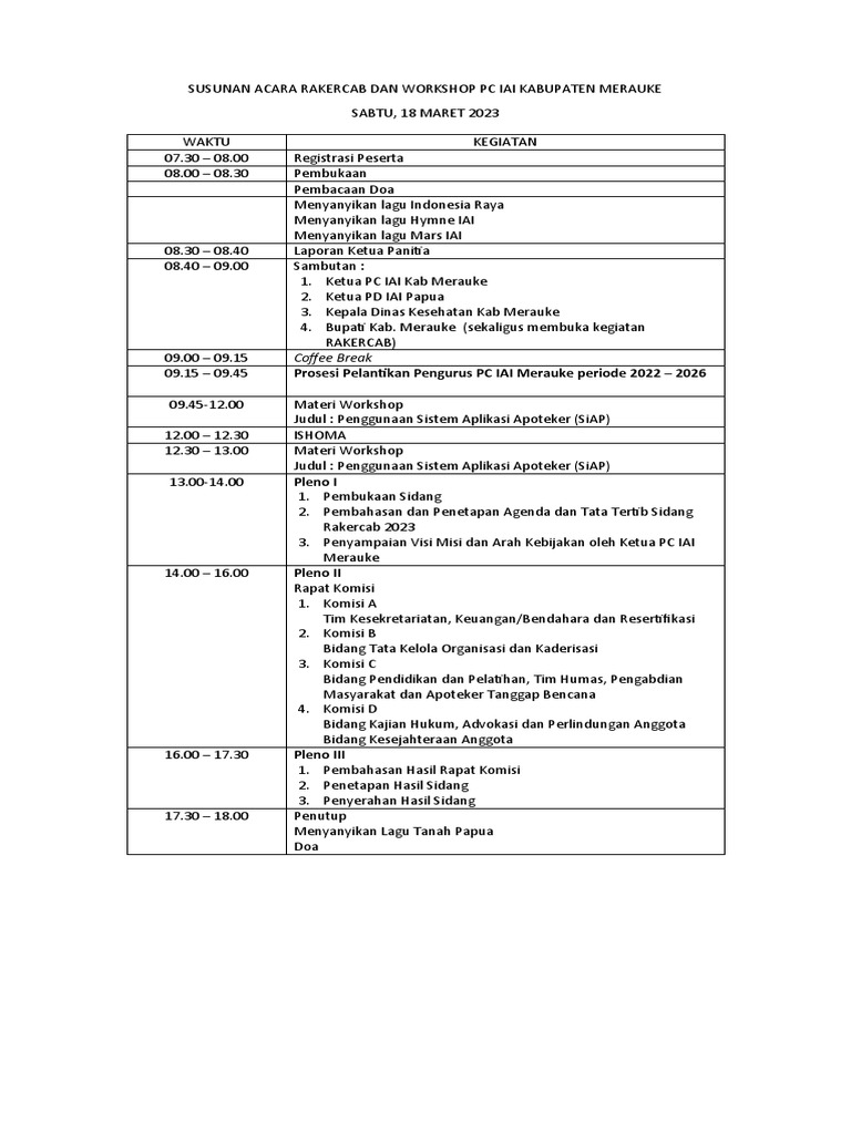 (Seminar Kit) SUSUNAN ACARA RAKERCAB DAN WORKSHOPPC IAI KABUPATEN ...