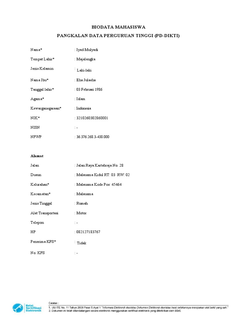 Format Biodata Mahasiswa | PDF