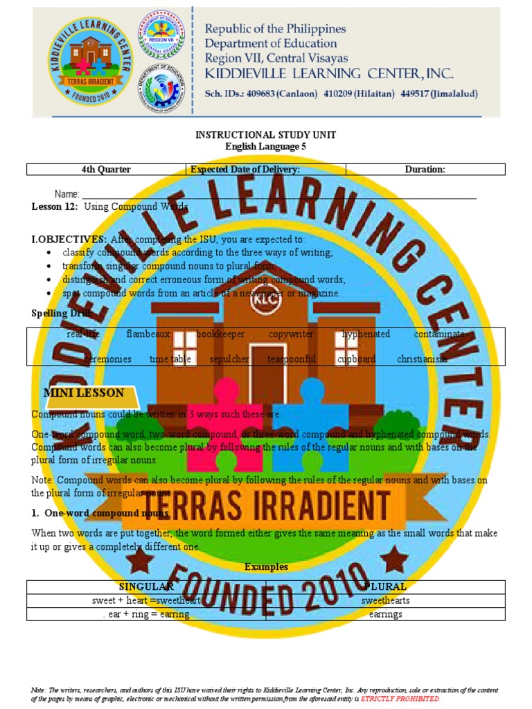 Lesson 12 - Lang 5 - Using Compound Words | PDF | Word | Plural
