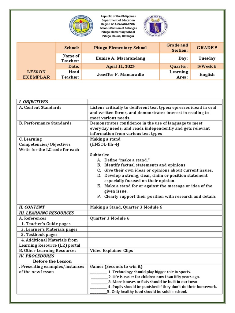 Q3. ENGLISH 5 DLP - Making Stand | PDF