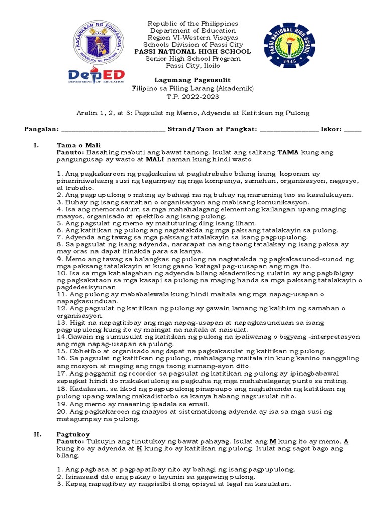 Lagumang Pagsusulit Sa Aralin 1 Ikalawang Markahan | PDF