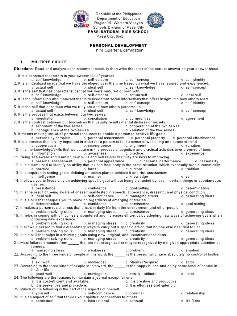 Personal-Development 3rd Quarter Exam | PDF | Self Concept | Adolescence
