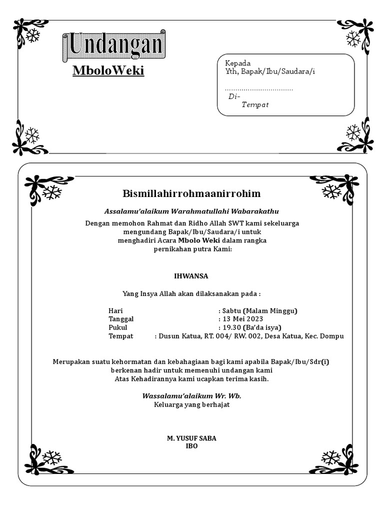 Undangan Mbolo Weki Ihwansa | PDF