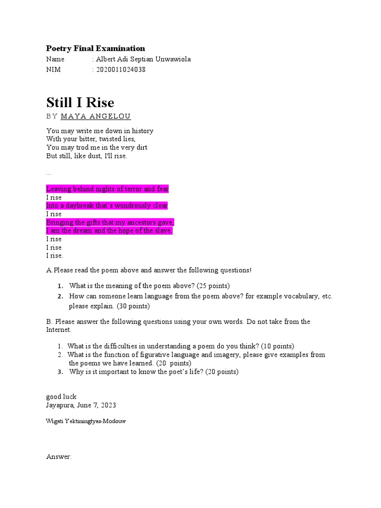 Final Exam 2023 | PDF | Poetry | General Fiction