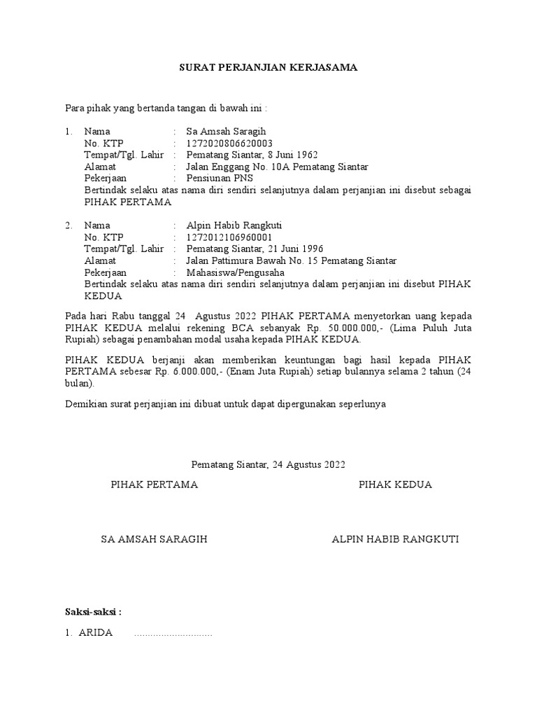 Surat Perjanjian Kerjasama | PDF