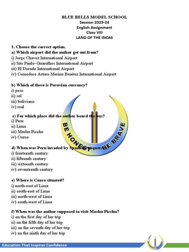 Class VIII English: Land of the Incas Quiz | PDF | Peru | Inca Empire