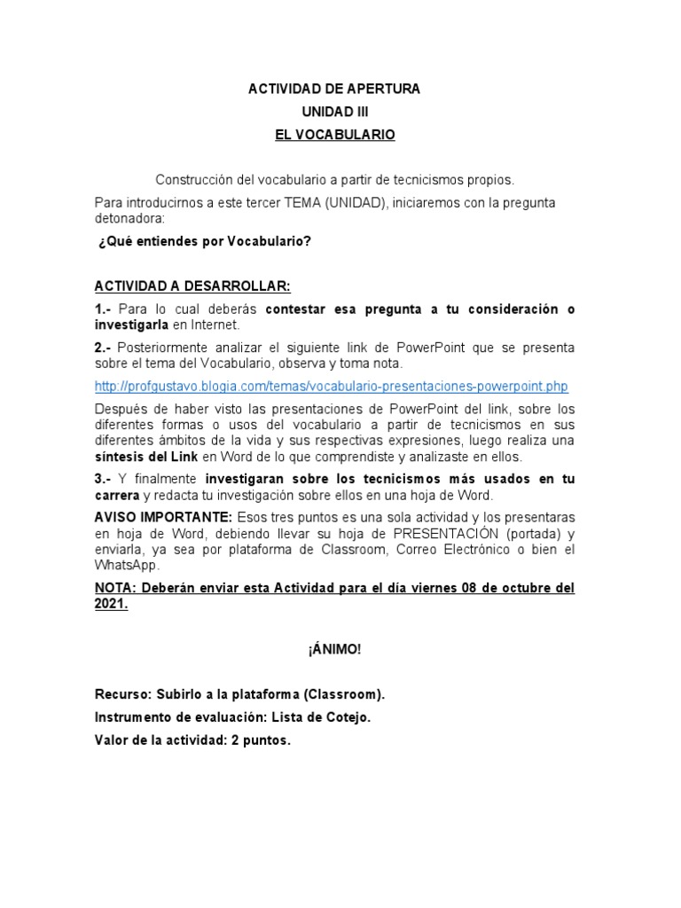 Actividad de Apertura - Unidad Iii - El Vocabulario - 125150 | PDF Actividad de Apertura - Unidad Iii - El Vocabulario - 125150 | PDF
