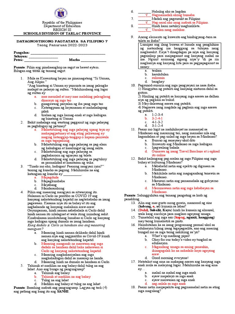 Diagnostic Test Filipino 7 Sy 2022 2023 Answres Key | PDF