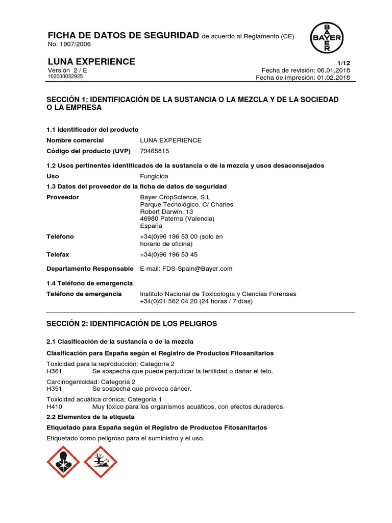 Luna Experience Hoja de Seguridad | PDF | Toxicidad | Residuos