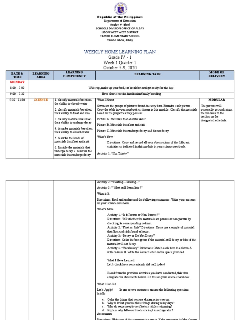 Weekly Learning Plan G4-Chella | PDF