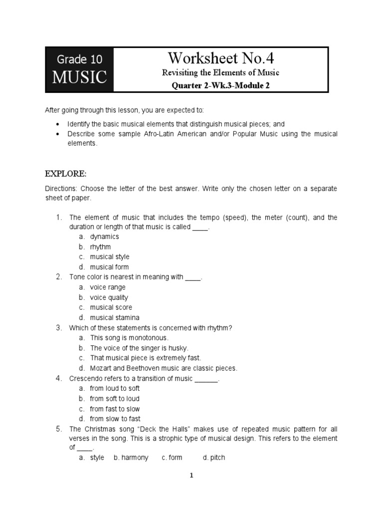 Grade 10 Music Elements Worksheet | PDF | Musical Forms | Rhythm