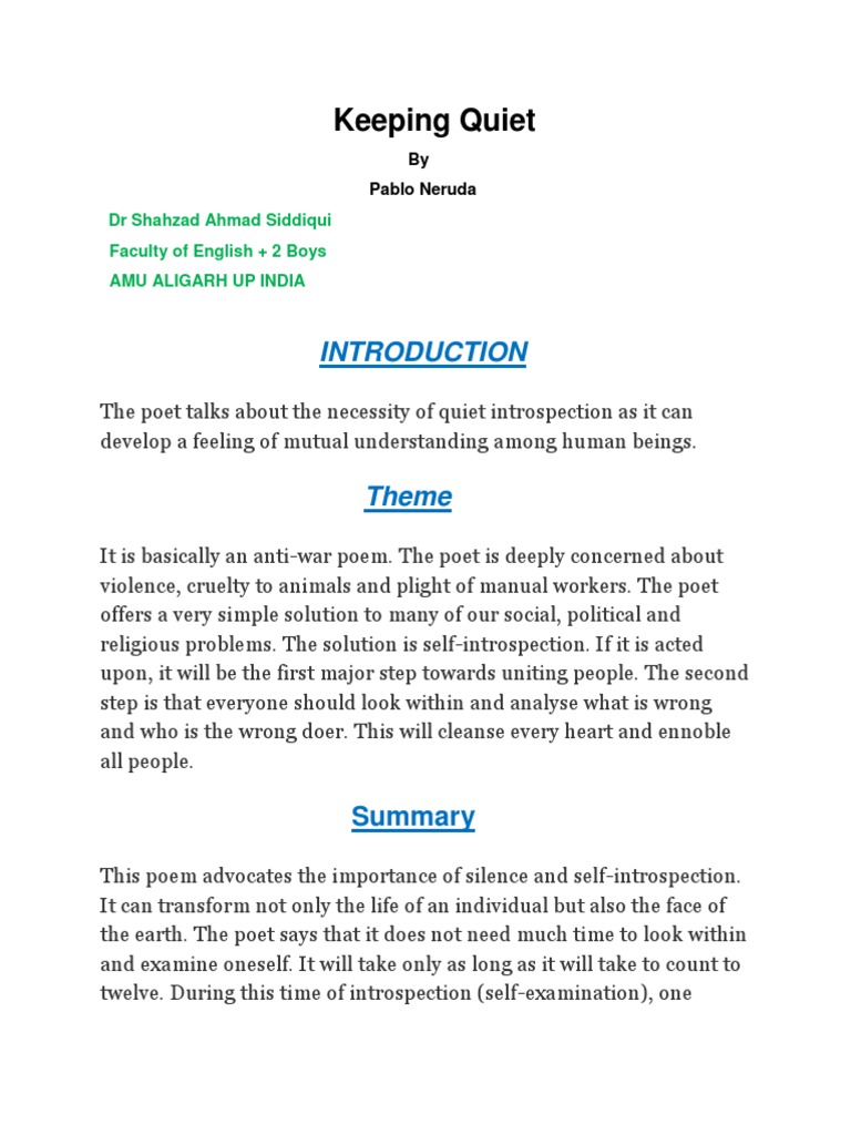 Keeping Quiet: by Pablo Neruda | PDF