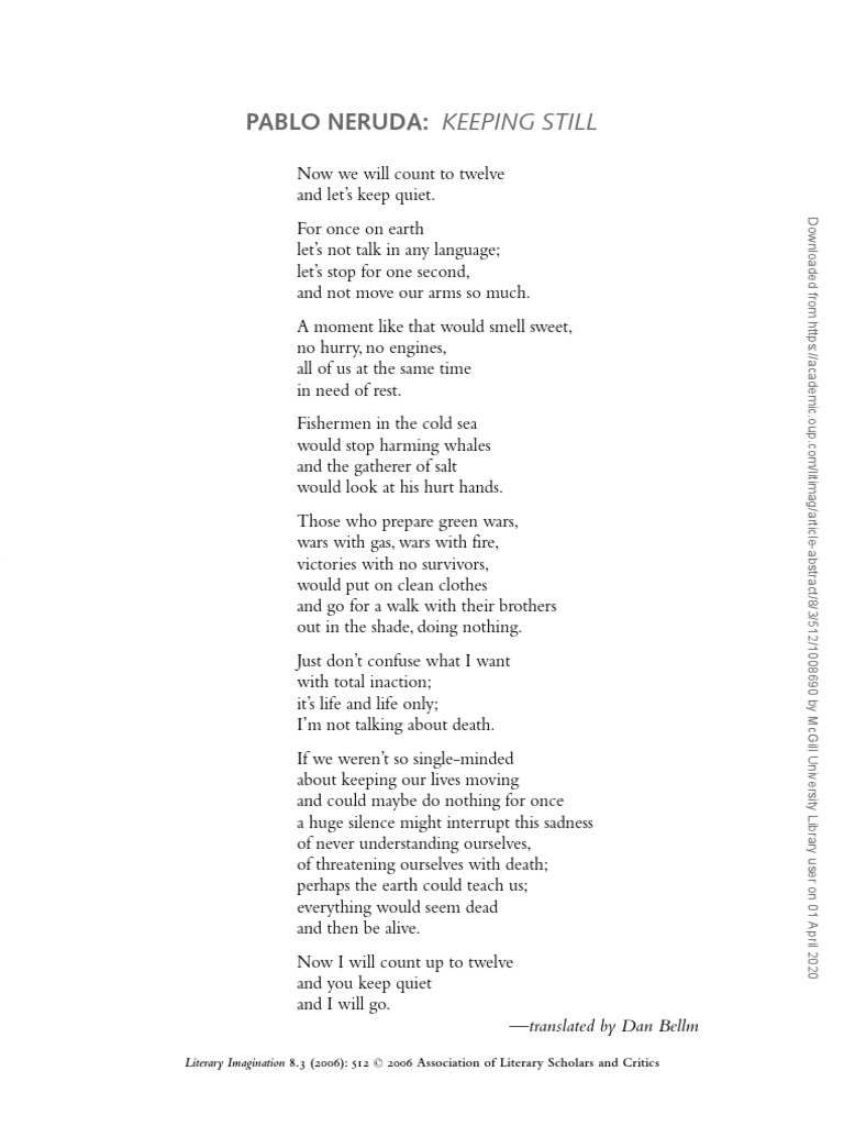 Pablo Neruda's "Keeping Still" Poem Analysis | PDF