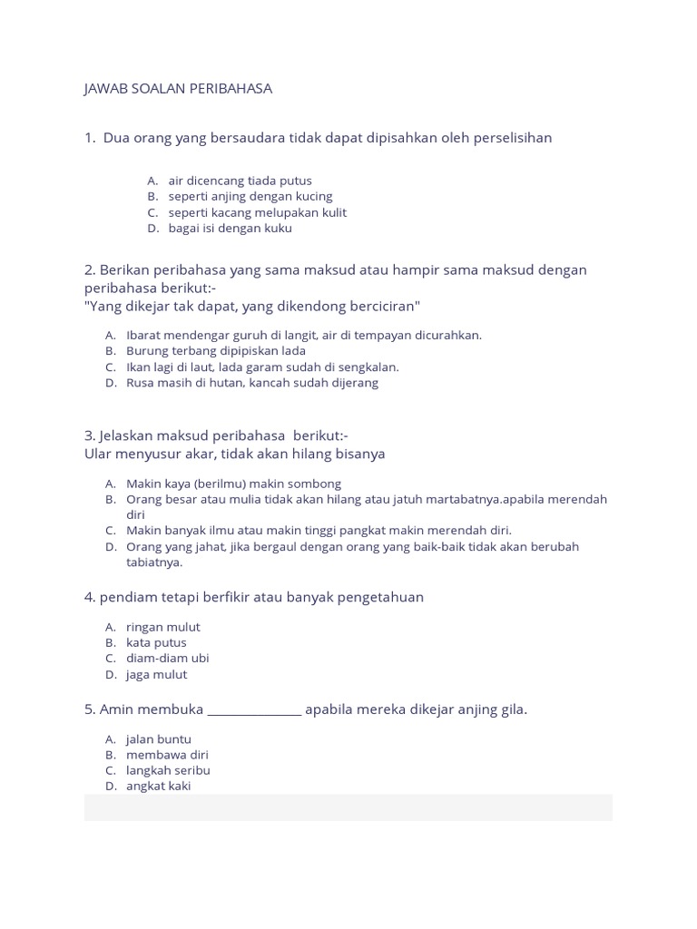 Jawab Soalan Peribahasa Tahun 6 | PDF