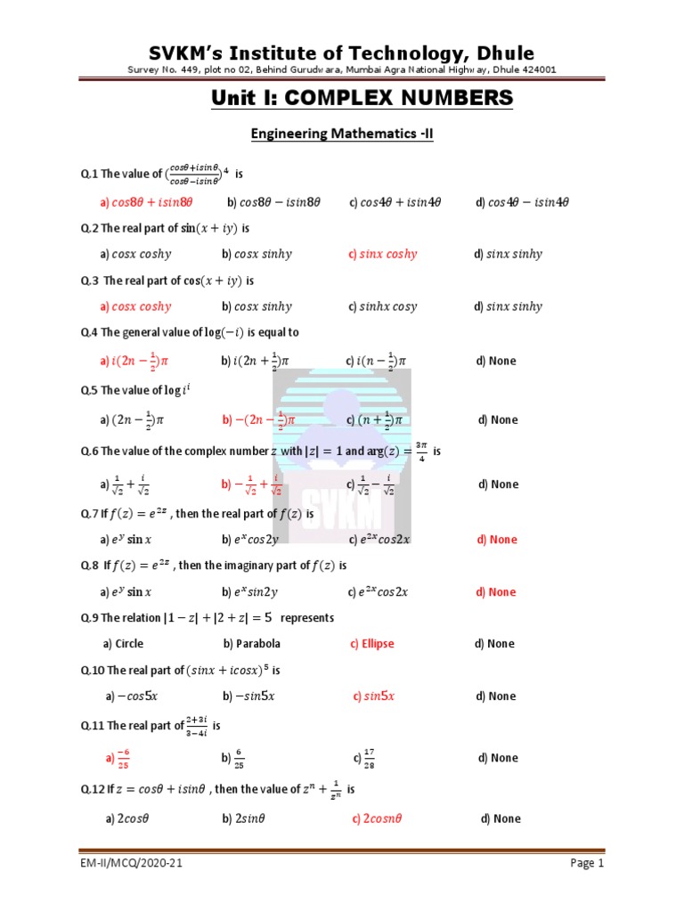 Unit I-Complex Numbers MCQ | PDF