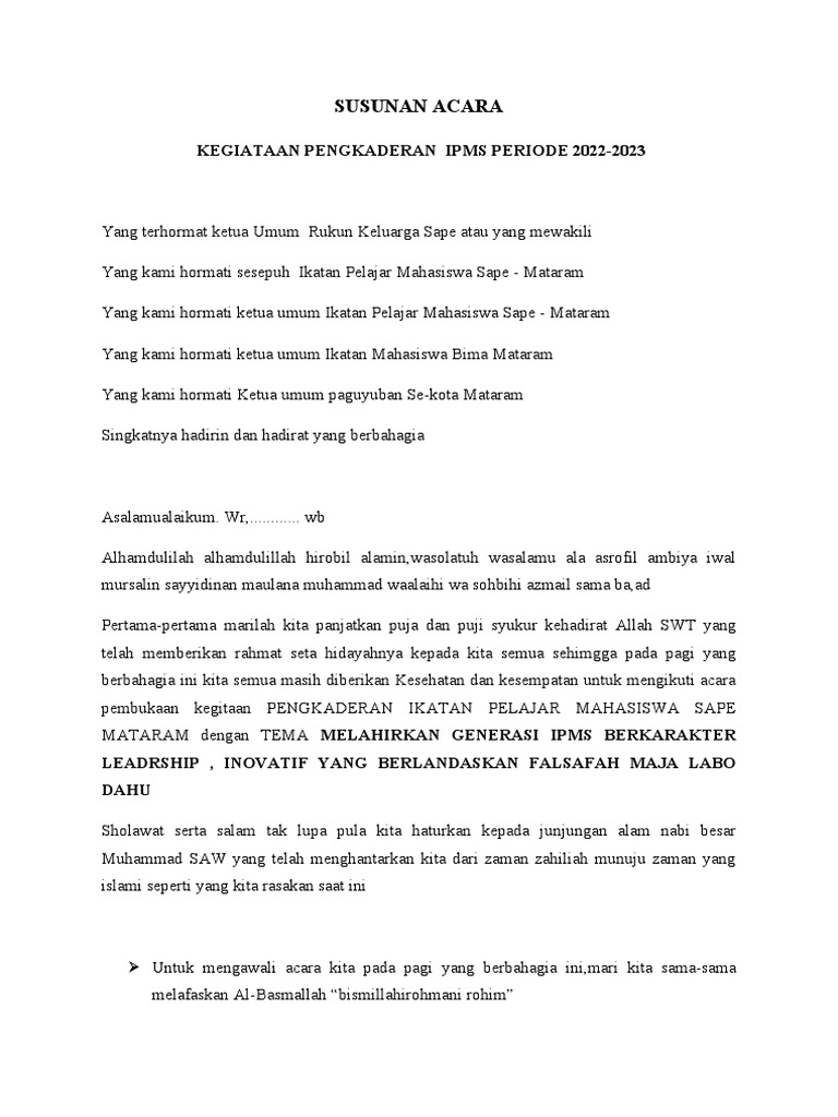 Susunan Acara Pembukaan Pengkaderan | PDF