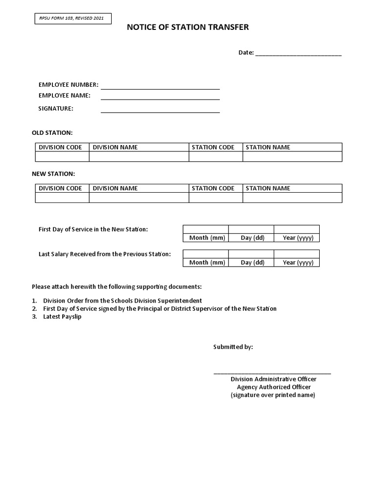 Station Transfer Notice Form | PDF | Finance & Money Management