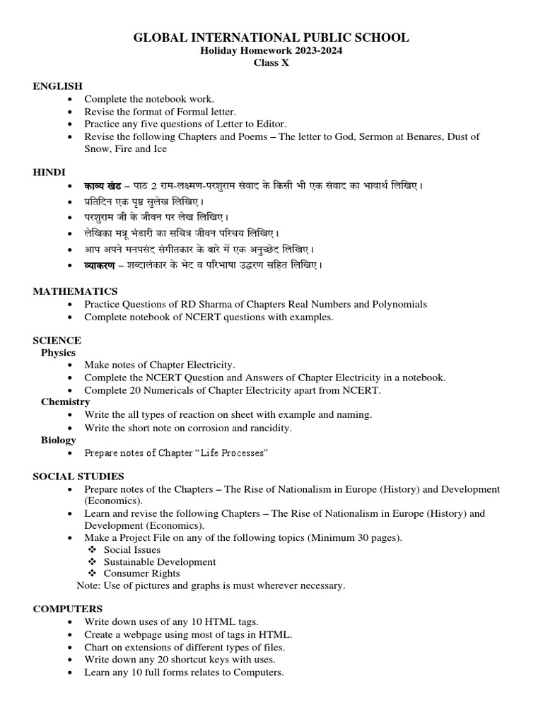 10th Class Holiday Homework | PDF | Language Arts & Discipline