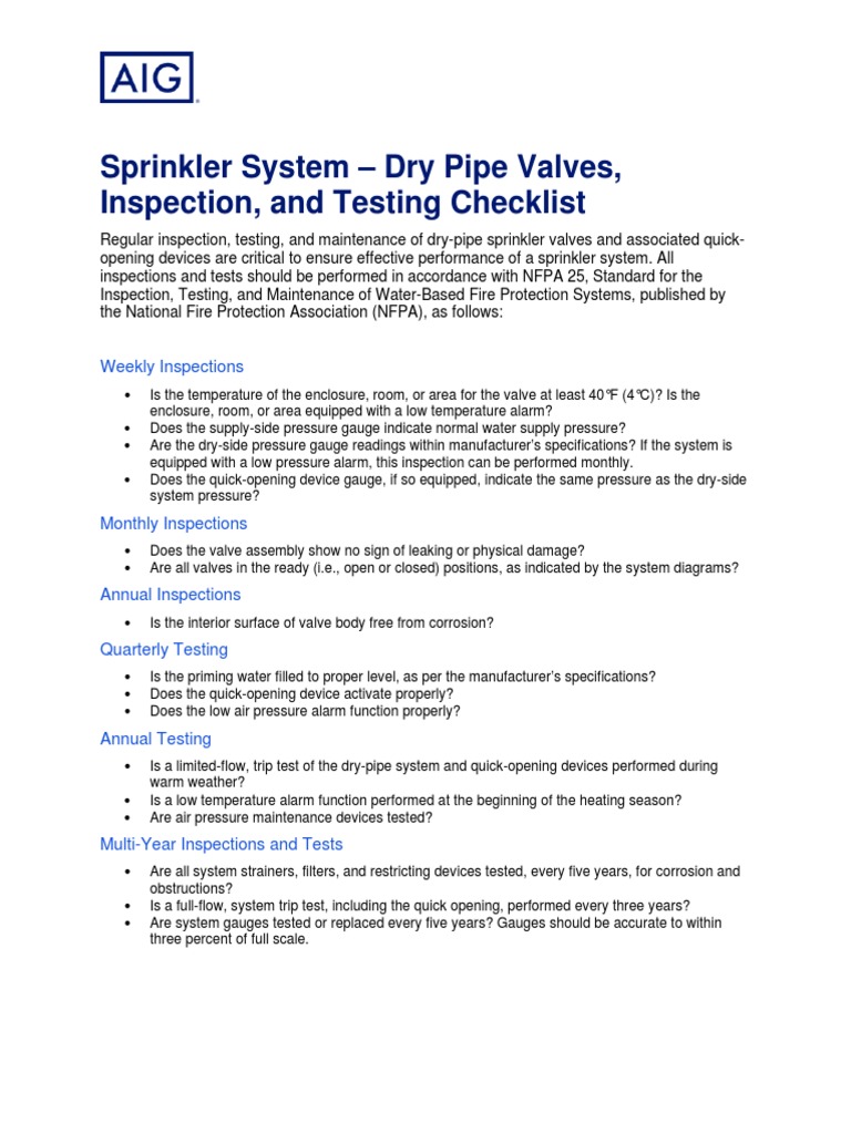 Sprinkler System - Dry Pipe Valves, Inspection, and Testing Checklist ...