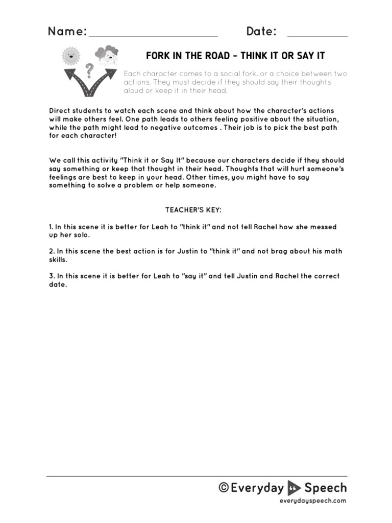 Fork in The Road - Think It or Say It Companion Worksheet | PDF