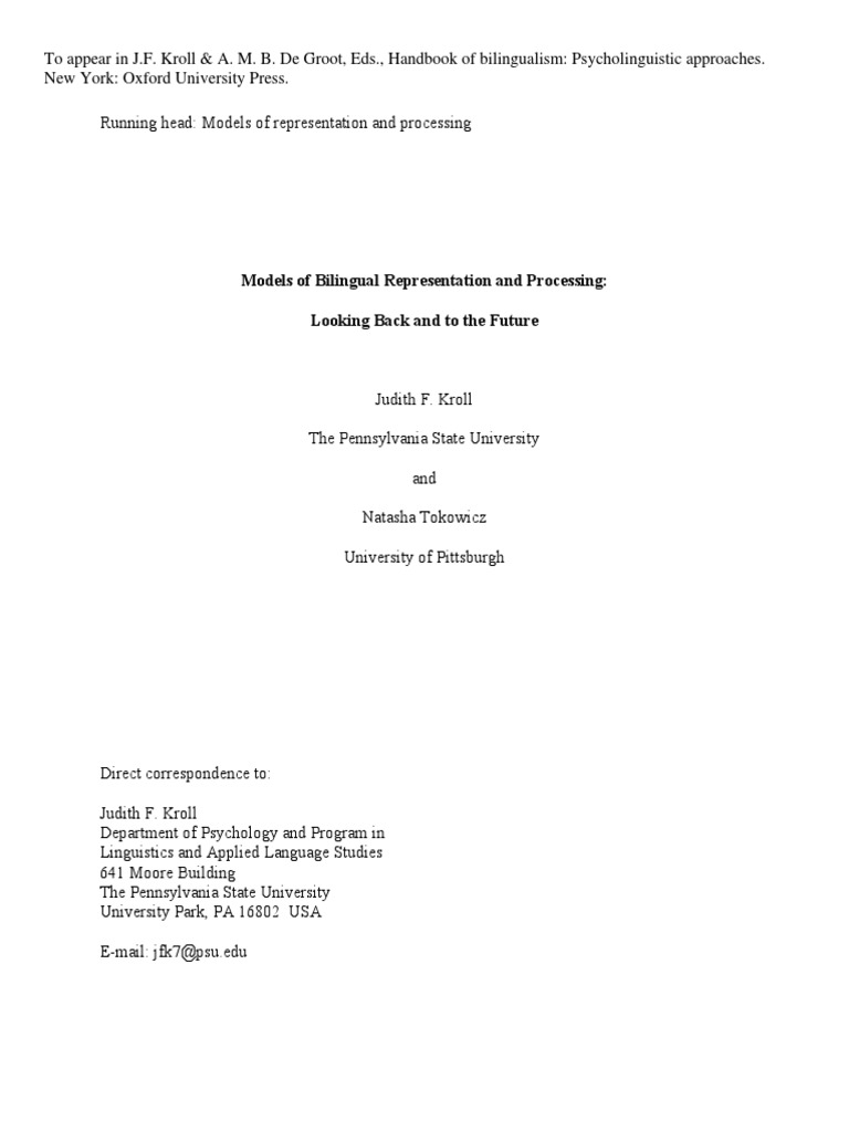 Models of Bilingual Representation and Processing: Looking Back and To ...