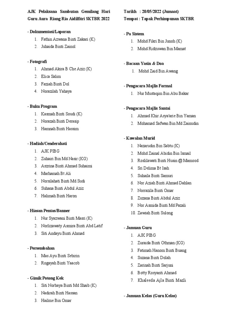 Ajk Pelaksana Sambutan Gemilang Hari Guru Aura Riang Ria Aidilfitri | PDF