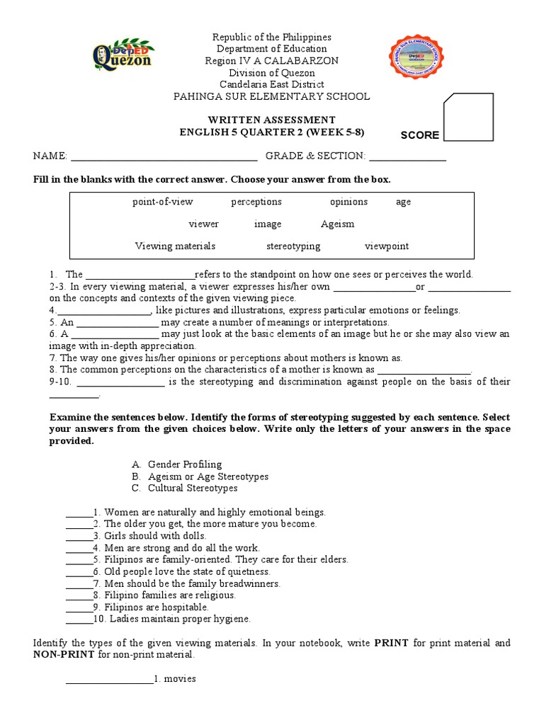 Assessment ENGLISH 5 q2 WEEK 5-8 | PDF