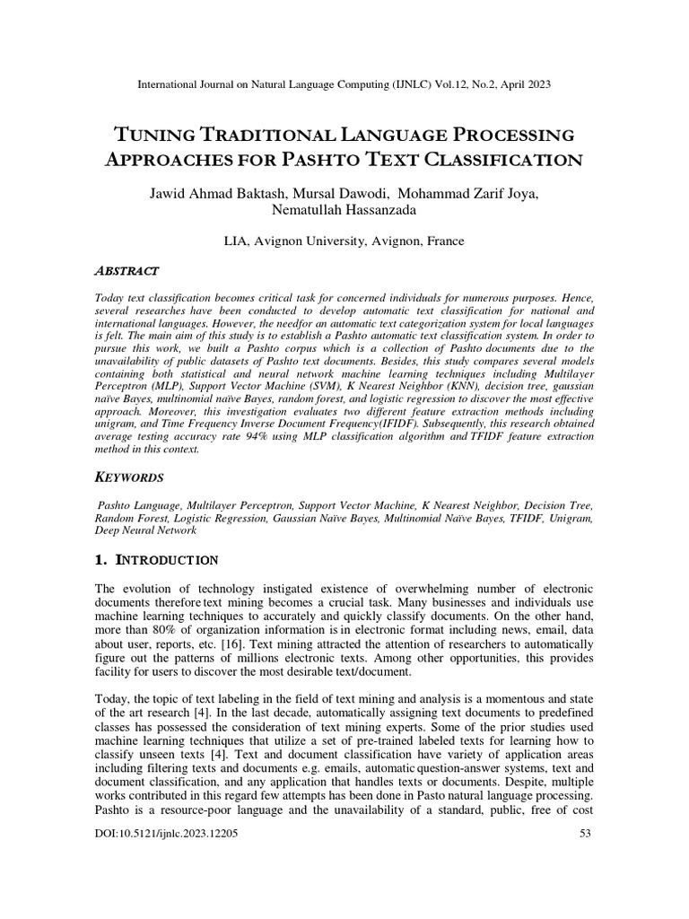 Tuning Traditional Language Processing Approaches For Pashto Text ... Tuning Traditional Language Processing Approaches For Pashto Text ...