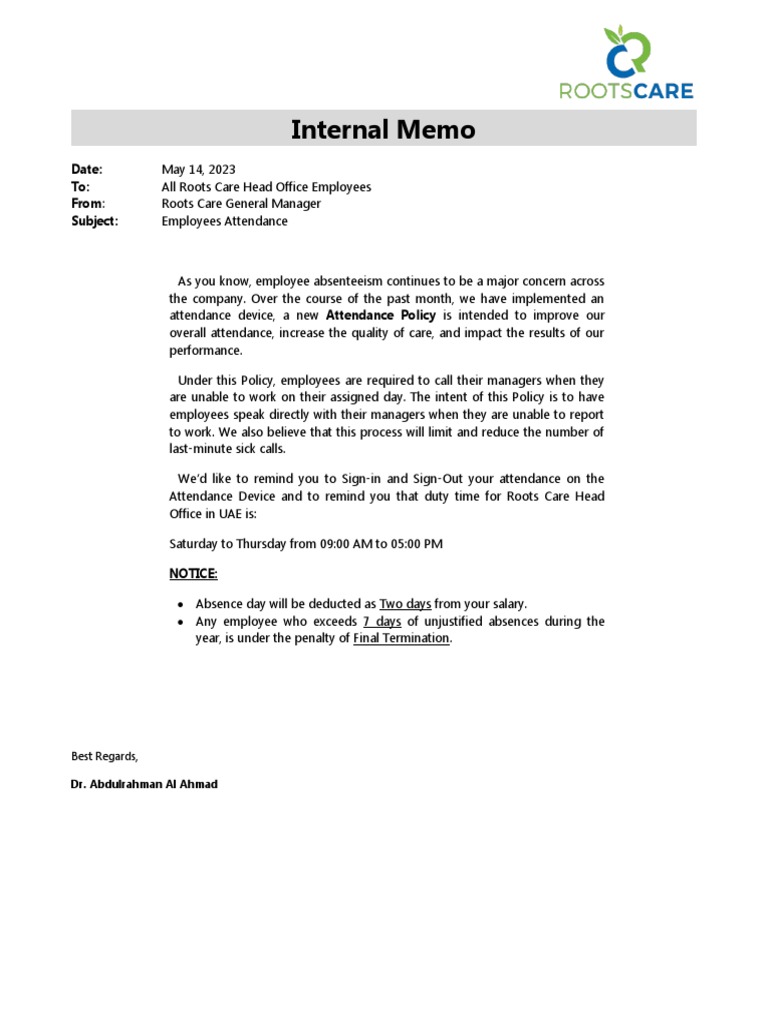 Internal Memo - Attendance | PDF