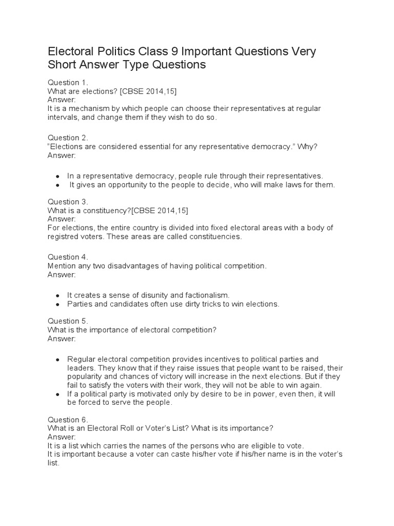 Electoral Politics Class 9 Important Questions Very Short Answer Type ... Electoral Politics Class 9 Important Questions Very Short Answer Type ...
