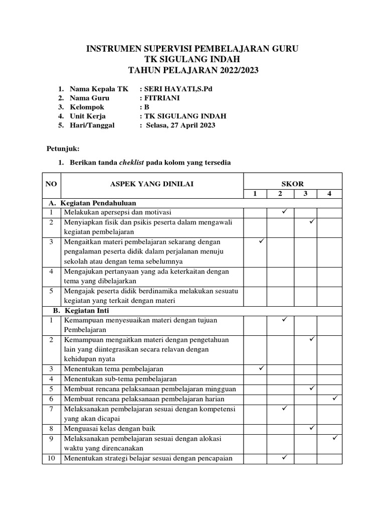 Supervisi Pembelajaran Guru TK | PDF