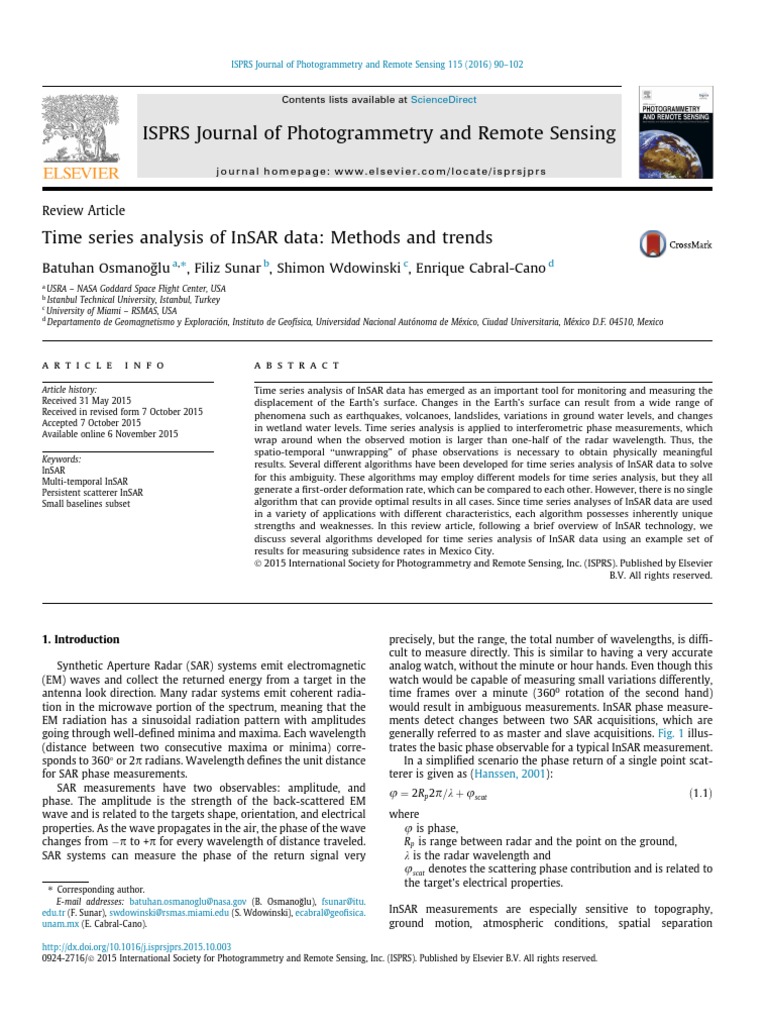 Time Series Analysis Of Insar Data Methods And Trends Pdf Interferometry