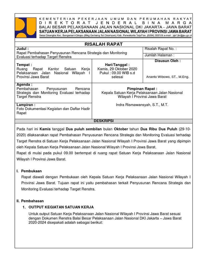 Notulen Rapat - Renstra 2020 - 2024 PJN I Jabar | PDF