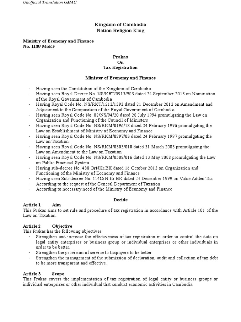 Prakas No. 1139 - Tax Registration | PDF