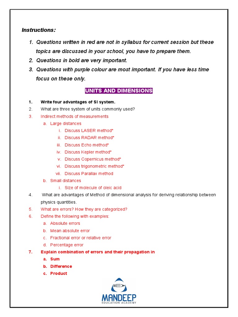 Class 11 Physics Chapter 1 Key Questions | PDF